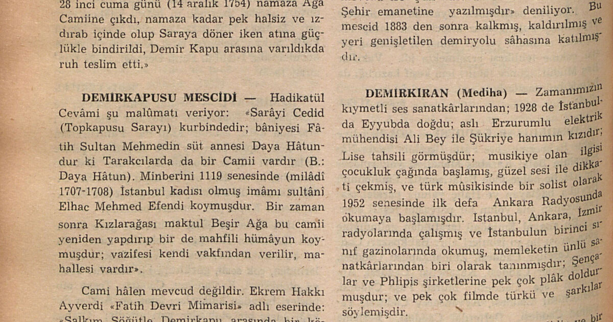 Istanbul Encyclopedia: DEMİRKIRAN (Mediha)