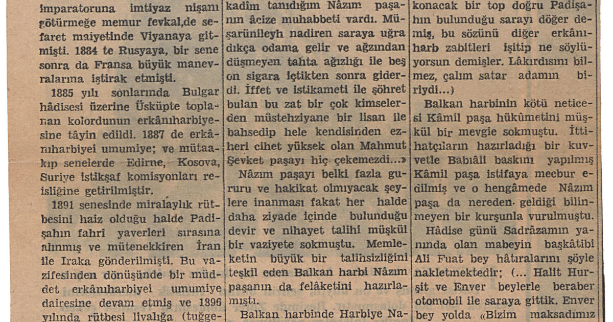 Istanbul Encyclopedia: Clipping about Nâzım Pasha