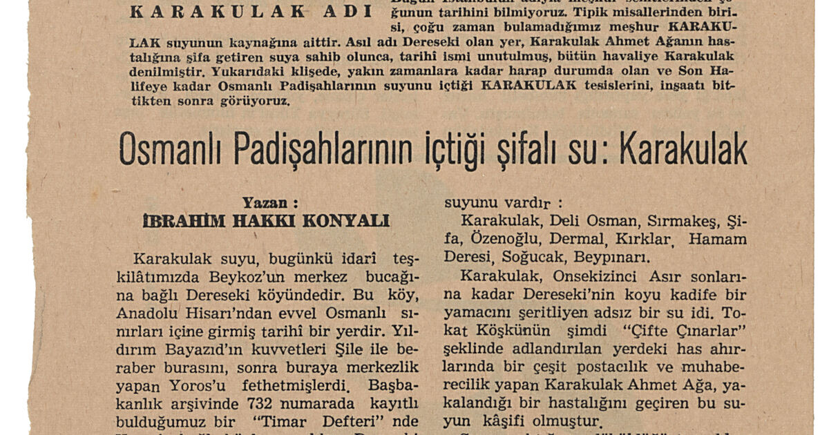 Istanbul Encyclopedia: Journal page about Karakulak Water