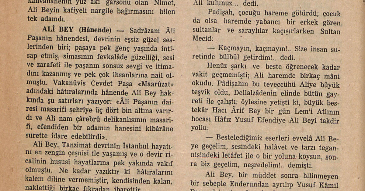 Istanbul Encyclopedia: ALİ BEY (Hânende Kadıköylü)