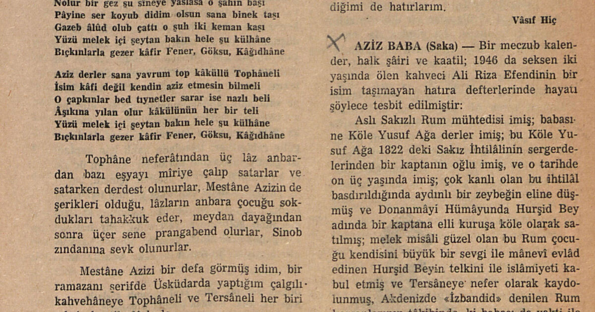 Istanbul Encyclopedia: AZİZ BABA (Saka)